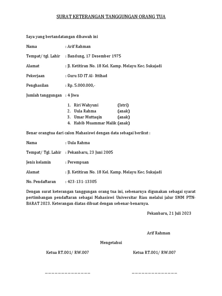 Surat Keterangan Tanggungan Orang Tua | PDF