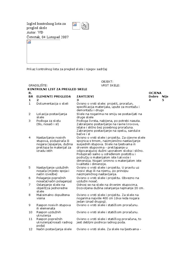 Izgled Kontrolnog Lista Za Pregled Skele | PDF