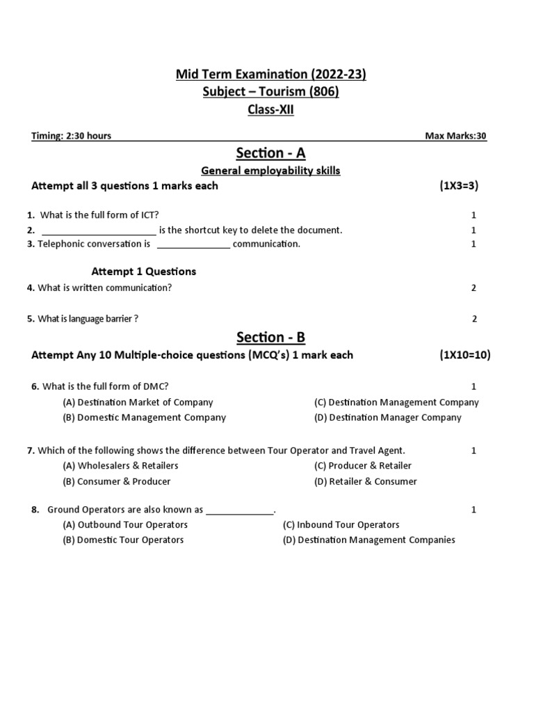 Class XII Tourism Exam 2022-23 | PDF | Tourism | Service Industries