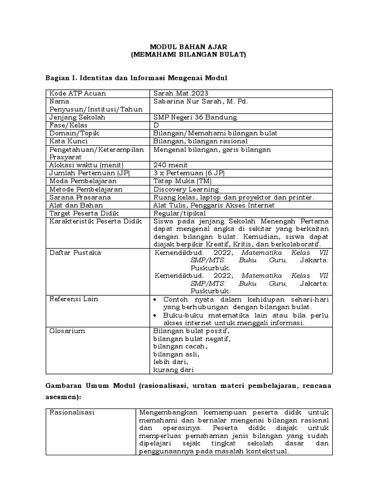 Sarah - Modul Ajar Bab 1.1 Memahami Bilangan Bulat | PDF
