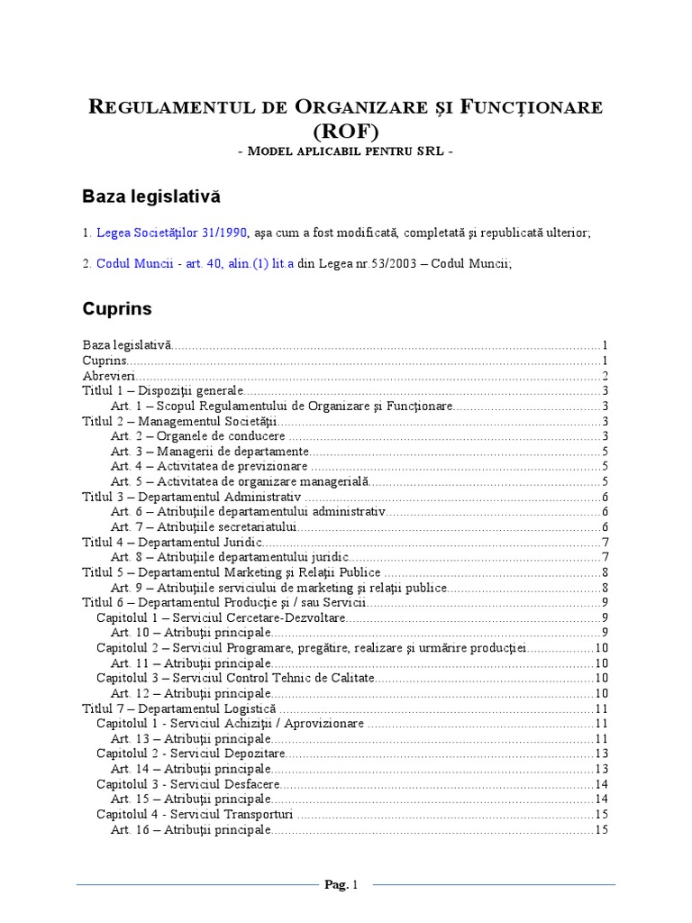 Regulament de Organizare Si Functionare - Model Si Ghid | PDF