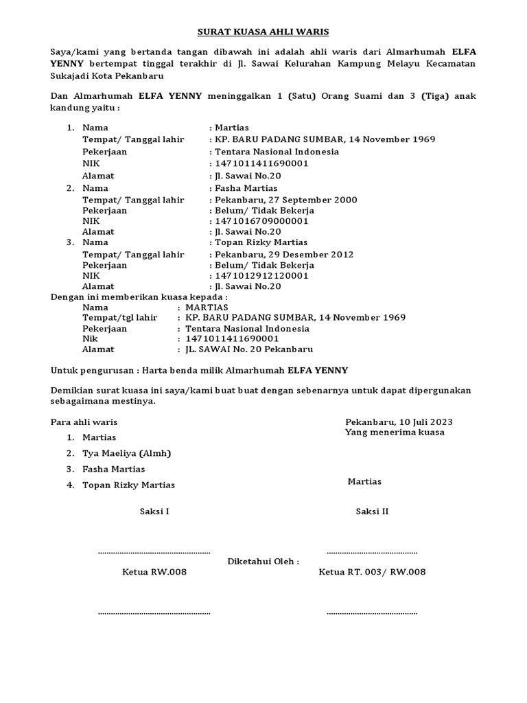 Surat Kuasa Ahli Waris (Lia Pak Sahid) | PDF