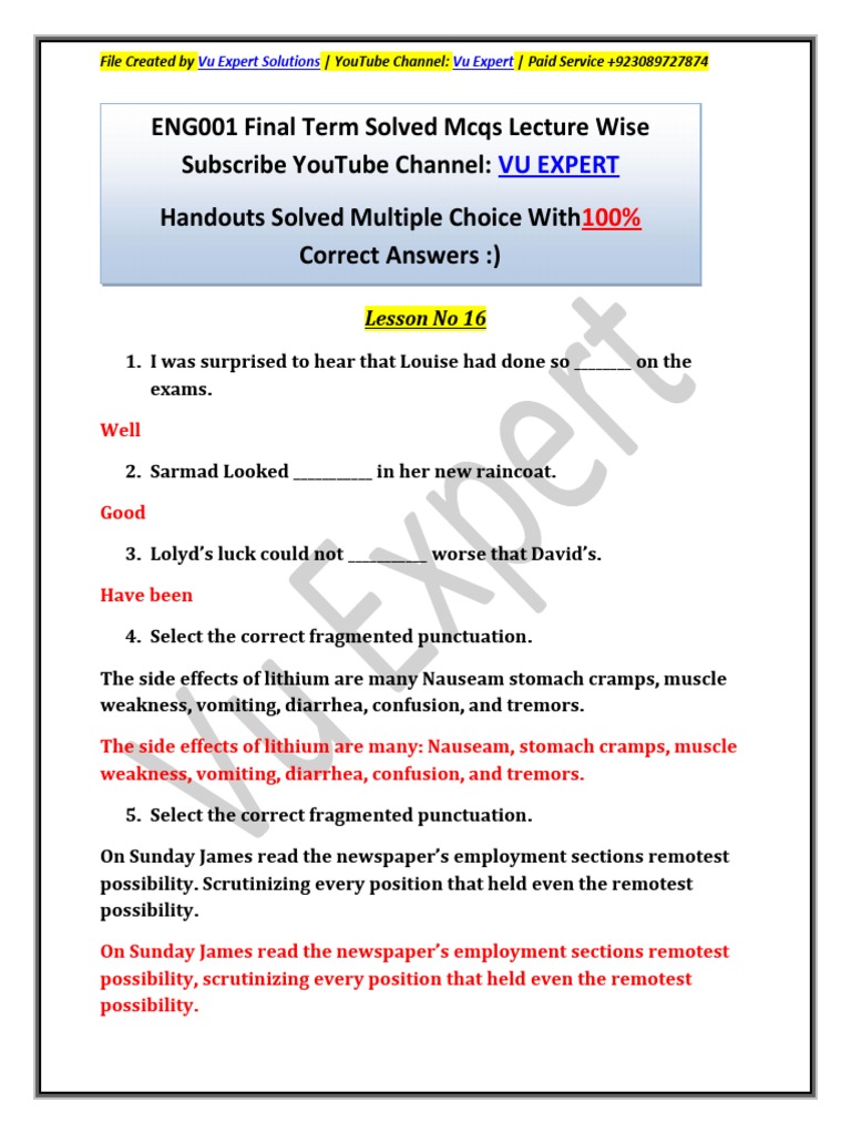 Eng001 Final Term Solved Mcqs Vu Expert | PDF