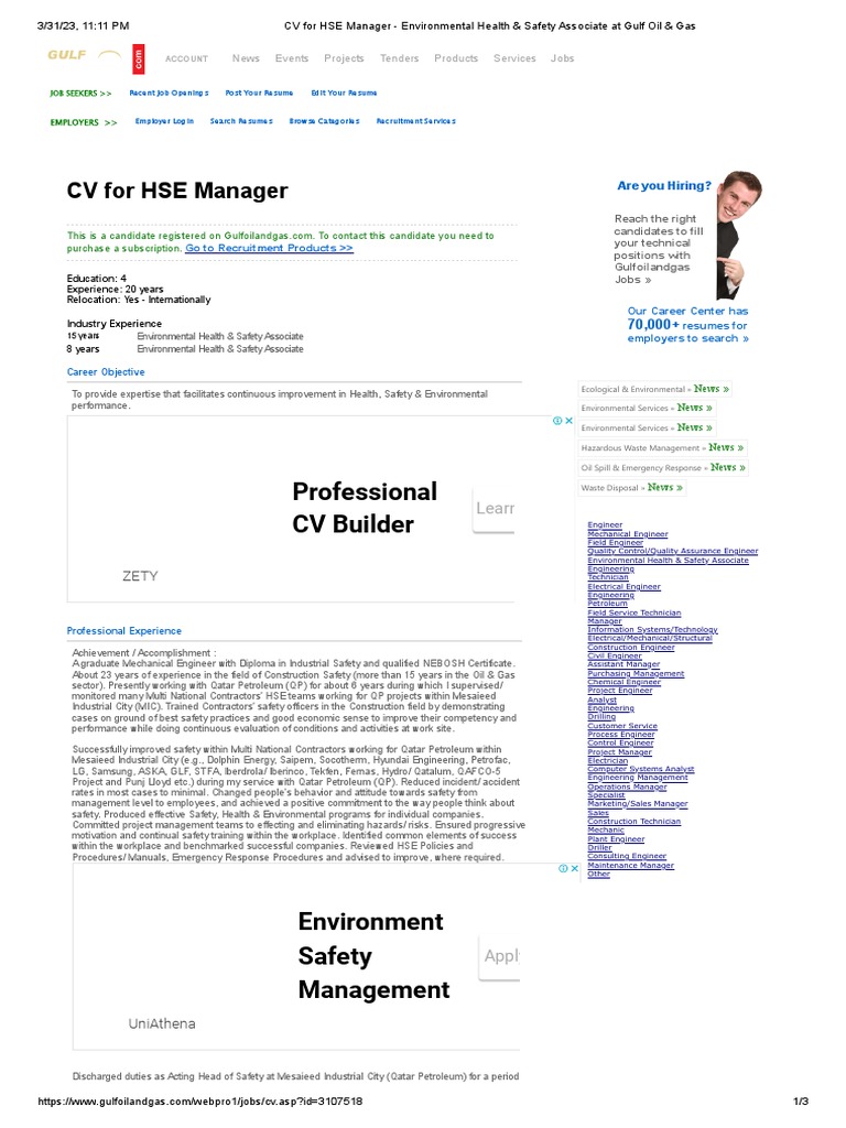CV for HSE Manager - Environmental Health & Safety Associate at Gulf ...