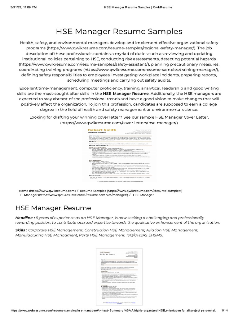 HSE Manager Resume Samples Guide | PDF