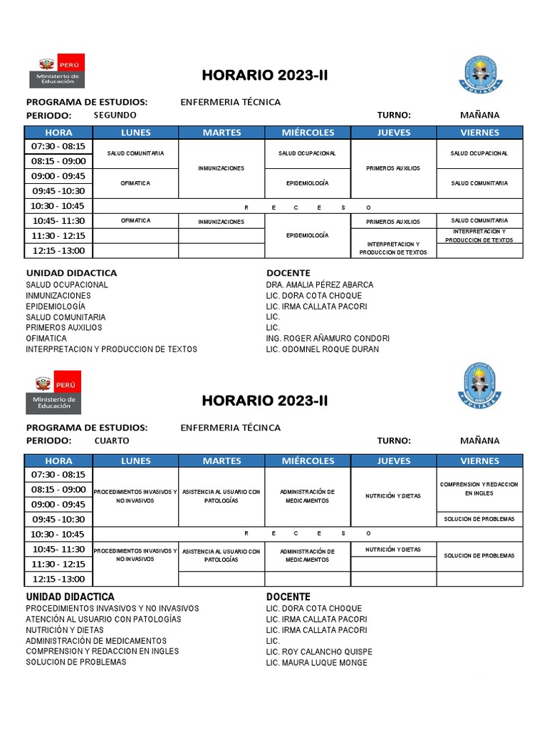 Horario 2023-II Enfermeria Tecnica | PDF | Cuidado de la salud | Programas sociales