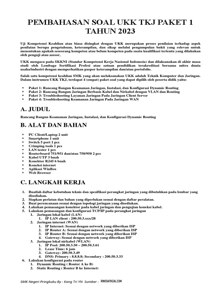 Pembahasan Soal Ukk TKJ Paket 1 Tahun 2023 SMK Negeri Pringkuku | PDF