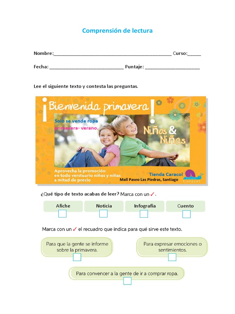 Comprensión de Lectura Afiche Primavera | PDF