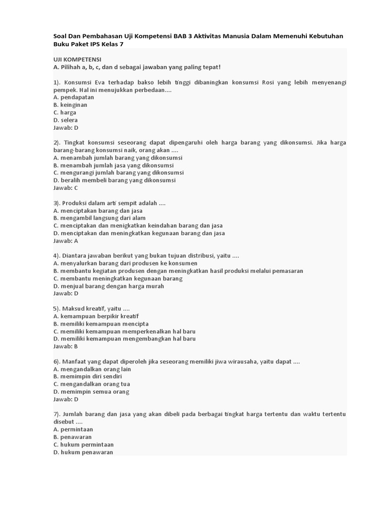 Soal Dan Pembahasan Uji Kompetensi BAB 3 Aktivitas Manusia Dalam Memenuhi Kebutuhan Buku Paket ...