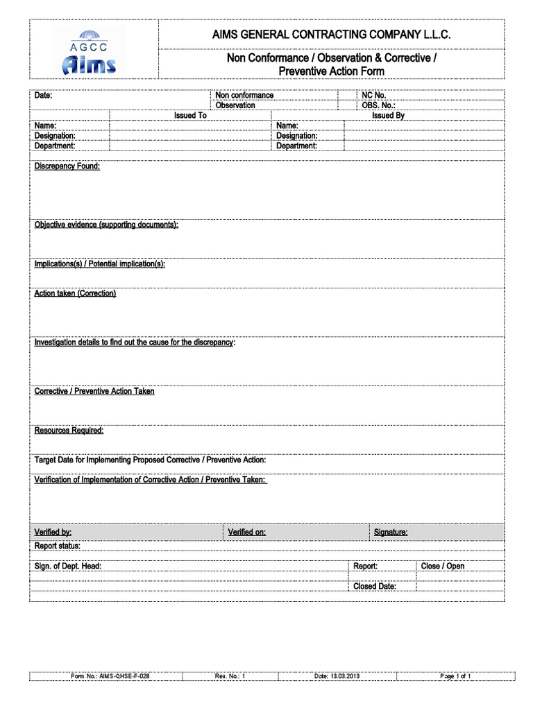 Qhse F 028 Non Conformance Observation Corrective And Preventive