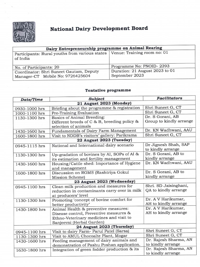 Programme Schedule of Dairy Entrepreneurship Programme On Animal ...