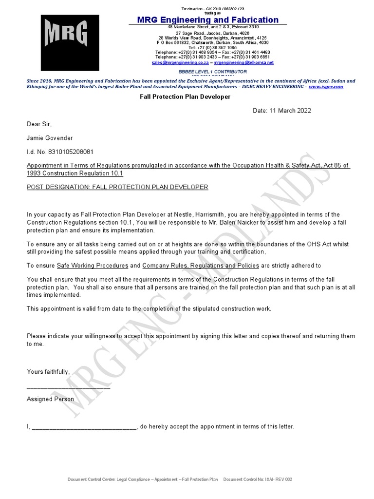 Appointment - Fall Protection Plan Developer | PDF