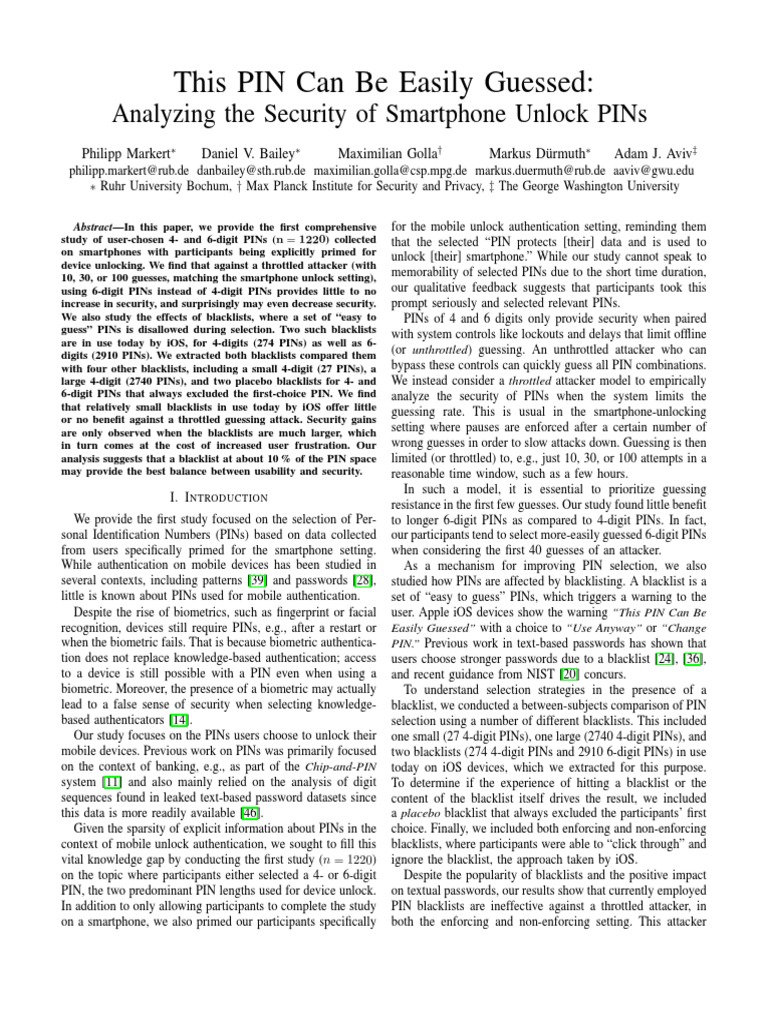 This Pin Can Be Easily Guessed:: Analyzing The Security of Smartphone ...