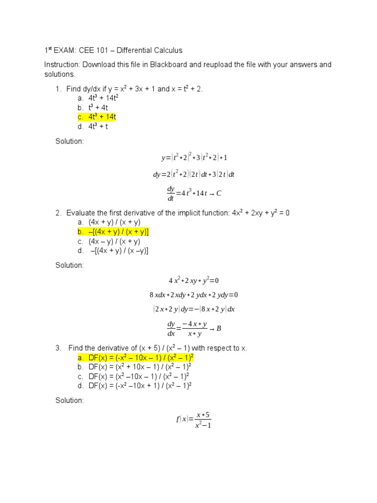 1st EXAM - Differential Calculus | PDF