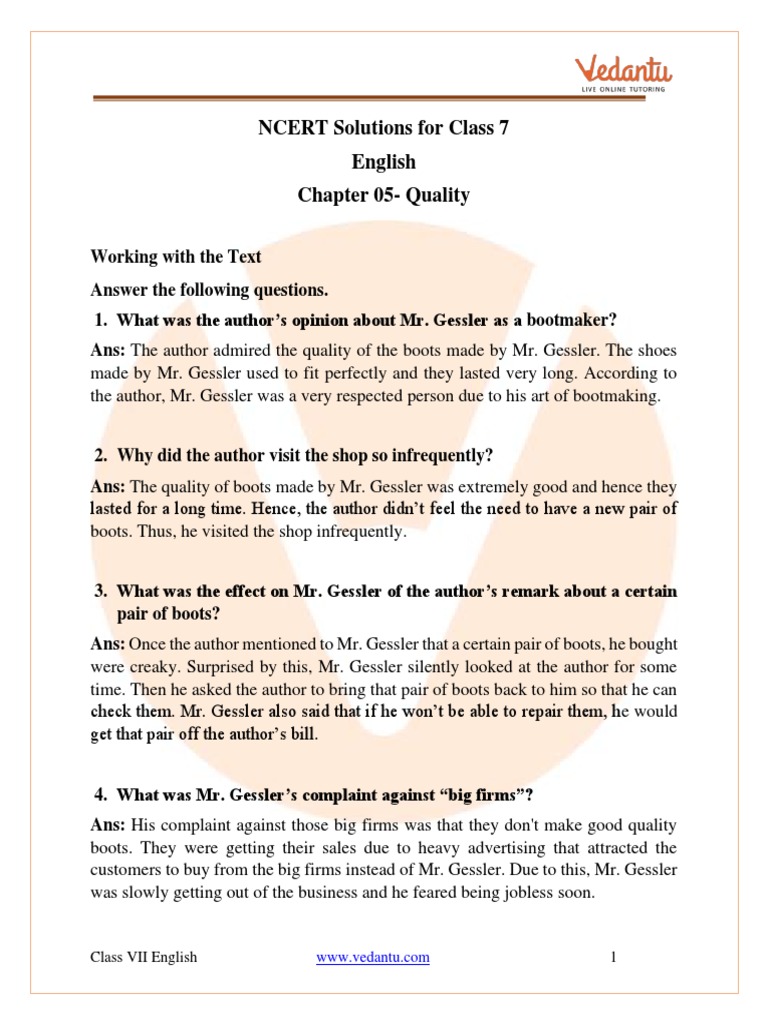 NCERT Solutions For Class 7 English Honeycomb Chapter 5 - Quality | PDF ...