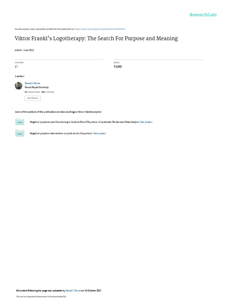 Viktor Frankl's Logotherapy: The Search For Purpose and Meaning | PDF | Psychology