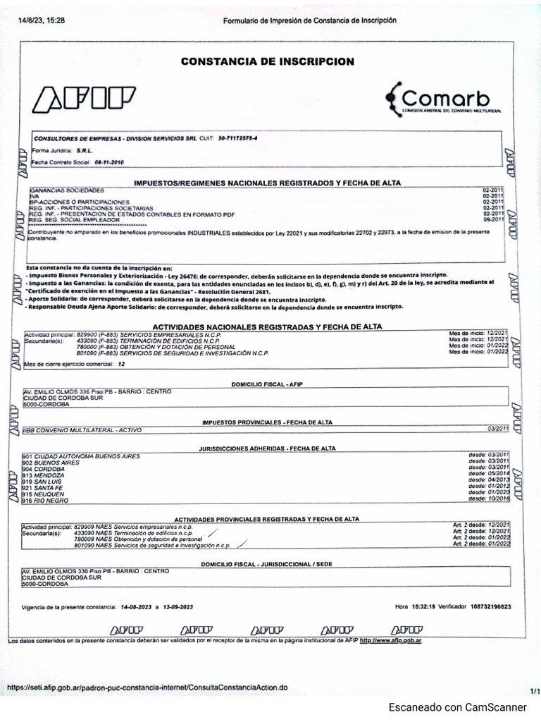 CONSULTORES DE EMPRESAS - Constancia de Inscripción AFIP y Certificado de Retención | PDF