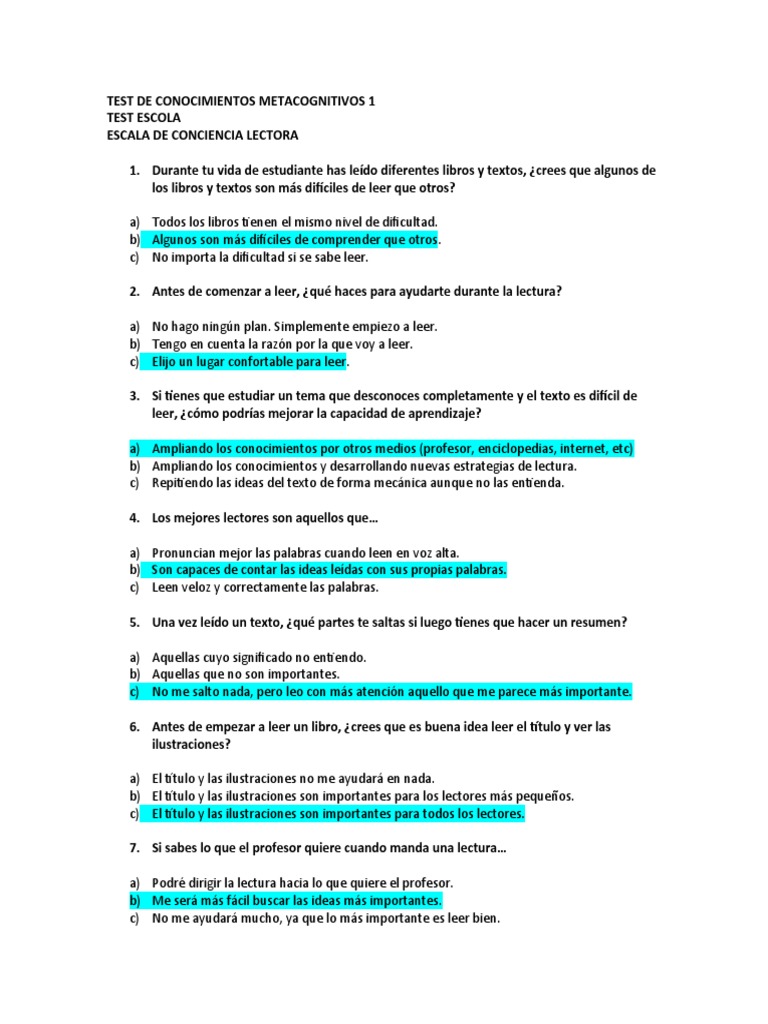 Test de Conocimientos Metacognitivos Lectora | PDF