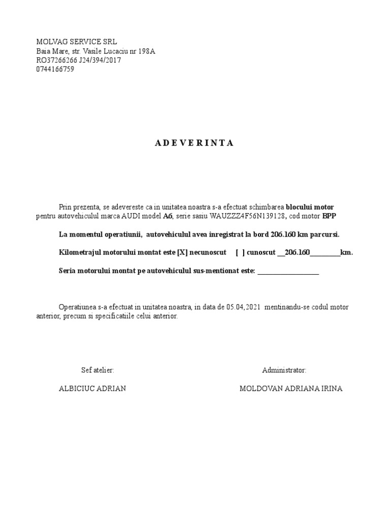 Model Adeverinta Schimbare Motor | PDF