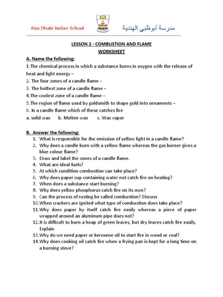Class 8 Combustion and Flame Worksheet | PDF