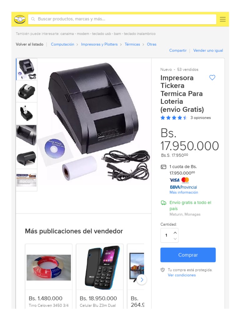 Impresora Tickera Termica para Loteria (Envio Gratis) - Bs. 17.950.000,00 en Mercado Libre | PDF ...