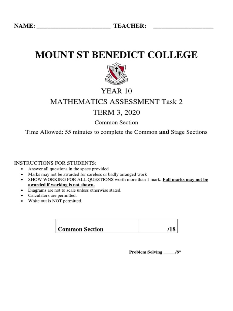 Year 10 Task 2 2020 Common Section FINAL | PDF | Area | Mathematics