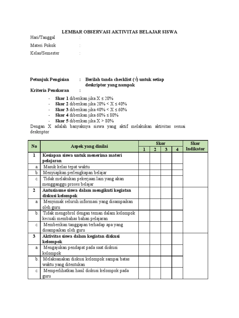 Lembar Observasi Aktivitas Belajar Siswa | PDF