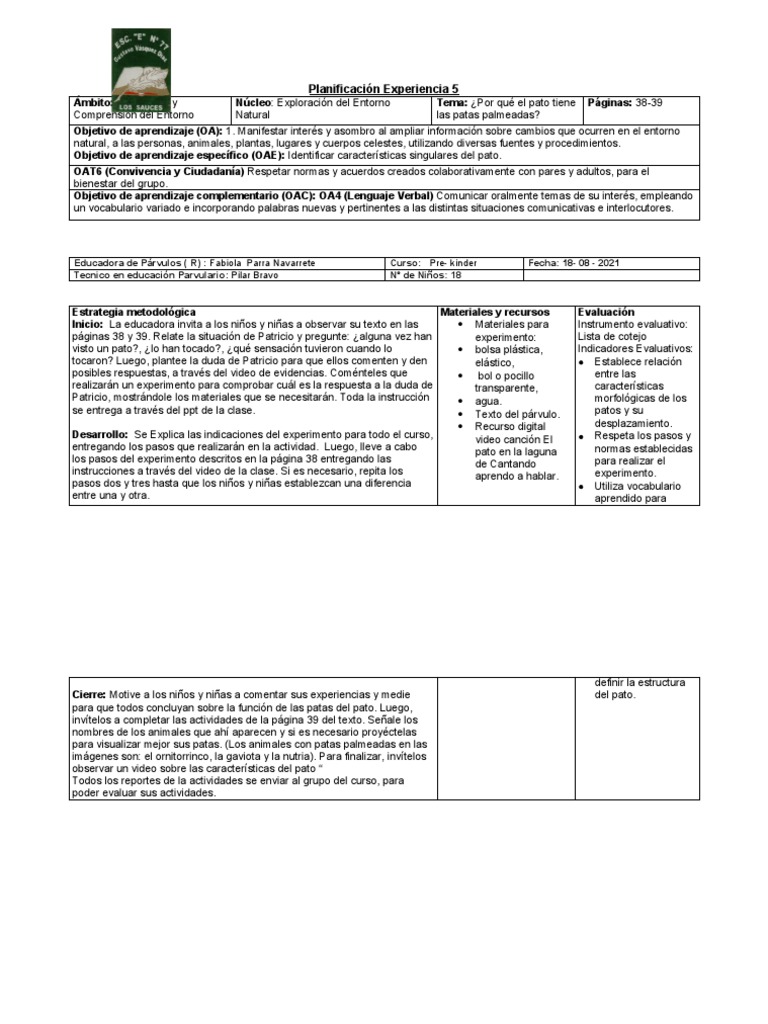 Planificación de Experiencia de Ciencias (Pre - Kinder 2021) | PDF