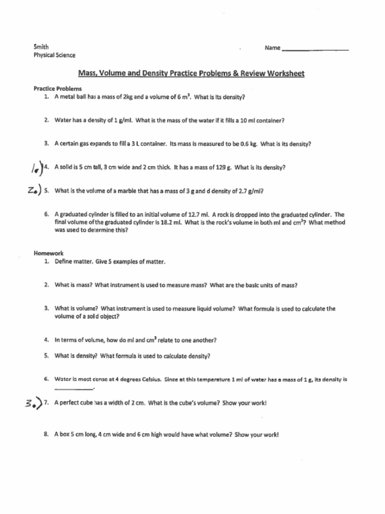 Mass Volume and Density Worksheet | PDF