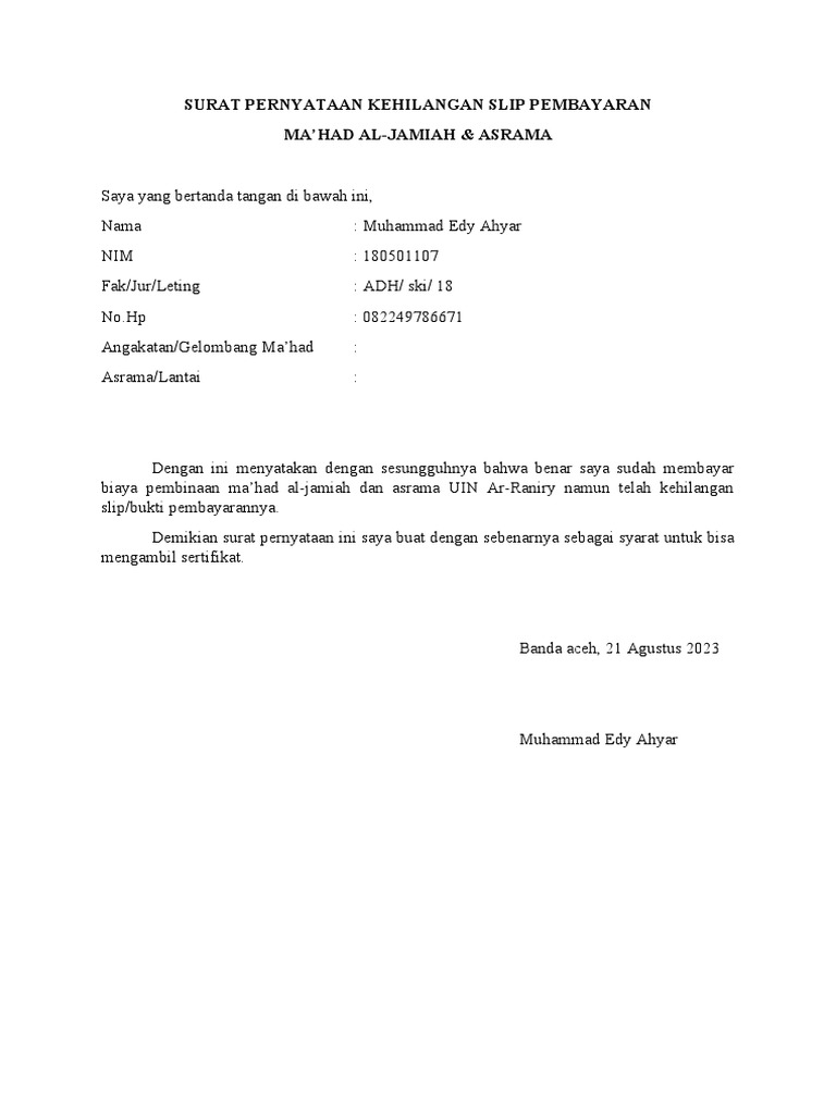 Surat Pernyataan Kehilangan Slip Pembayaran Leumo | PDF