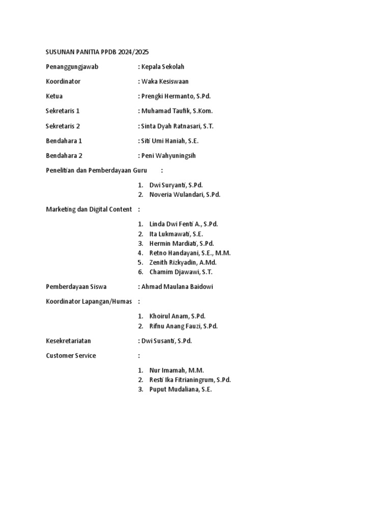 Susunan Panitia PPDB 2024-2025 | PDF