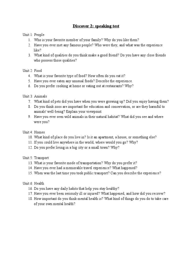 Discover 2 Speaking Test | PDF | Lifestyle