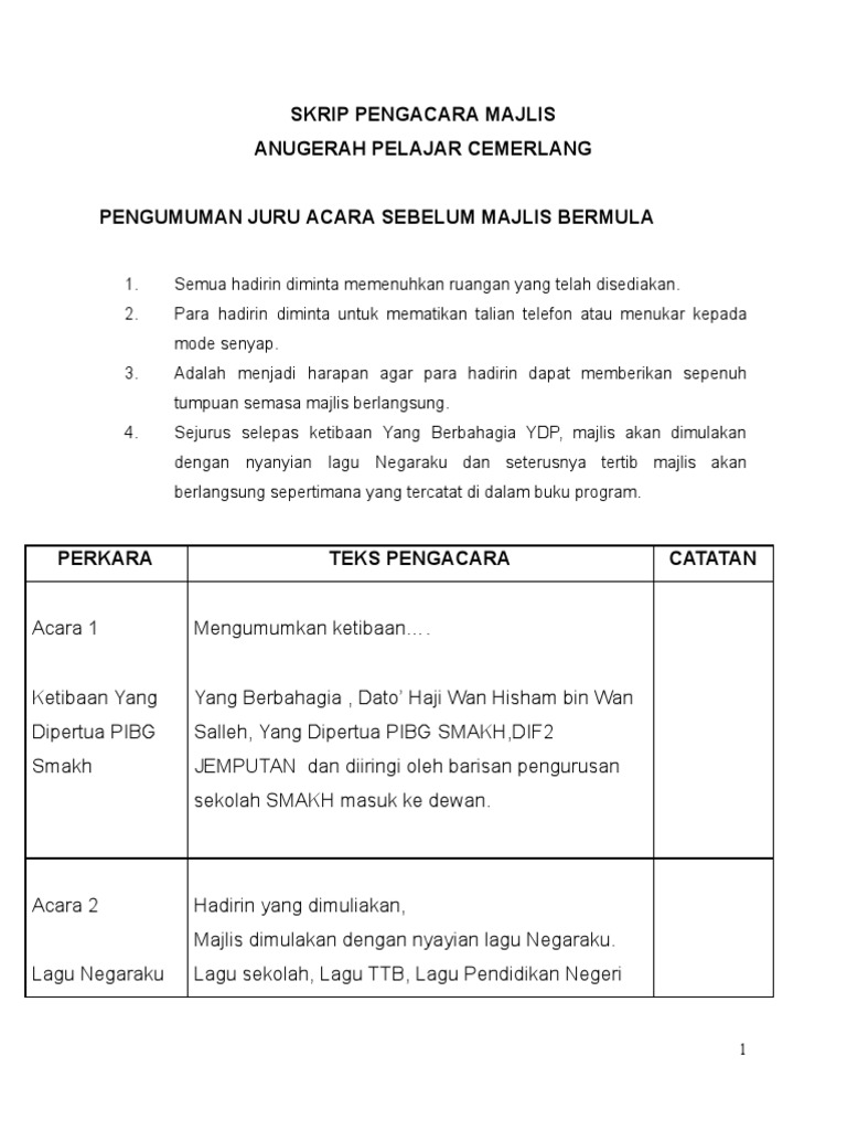 Skrip Pengacara Majlis Anugerah Cemerlang | PDF