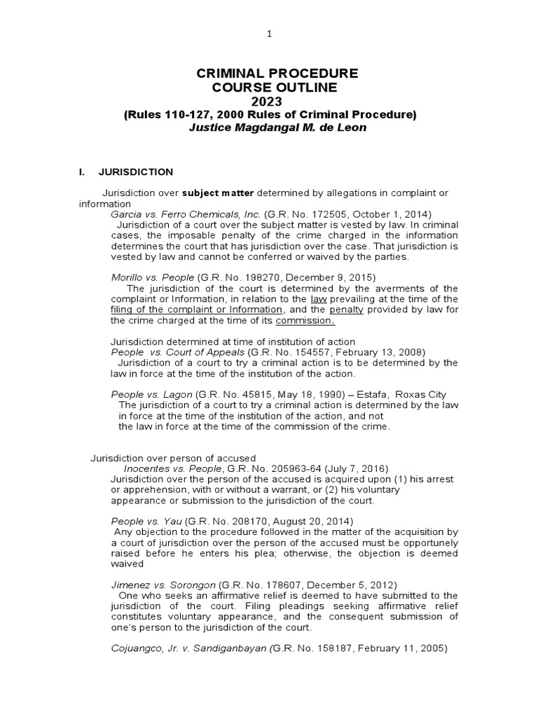 Criminal Procedure Course Outline 2023 Part I Jurisdiction Rules 110 ...