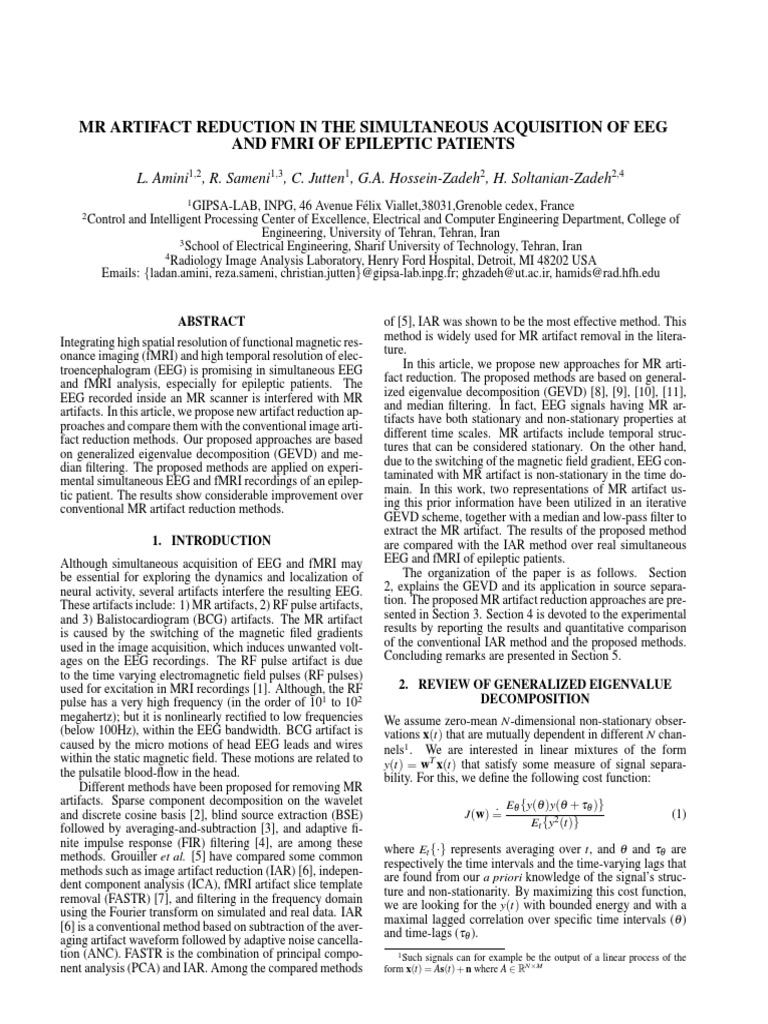 Mr Artifact Reduction In The Simultaneous Acquisition Of Eeg And Fmri