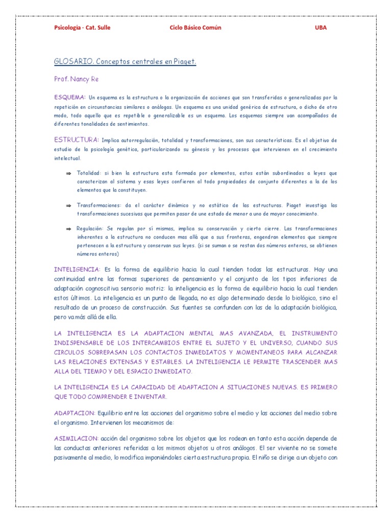 Glosario. Conceptos Centrales en Piaget. | PDF | Sicología | Inteligencia