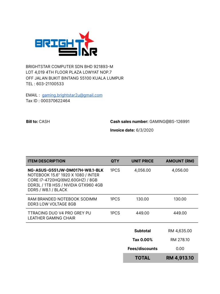 Brightstar Laptop Invoice 2020 | PDF