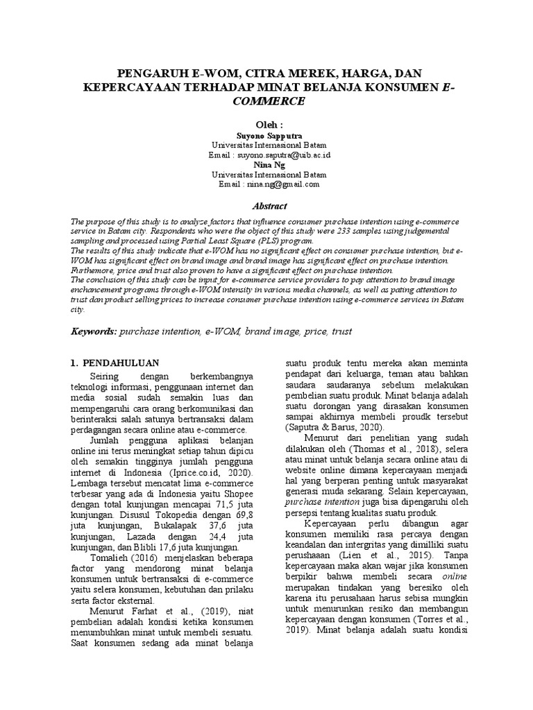 Pengaruh E-Wom, Citra Merek, Harga, Dan Kepercayaan Terhadap Minat Belanja Konsumen E-Commerce | PDF