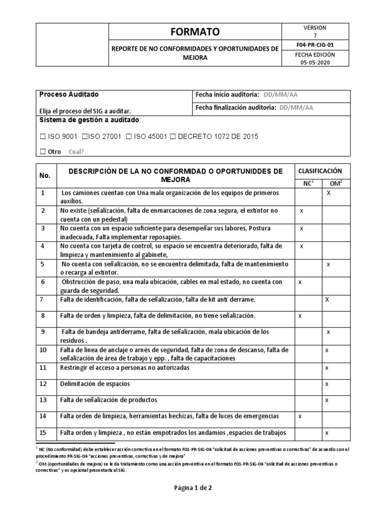Reporte de No Conformidades y Mejora | PDF