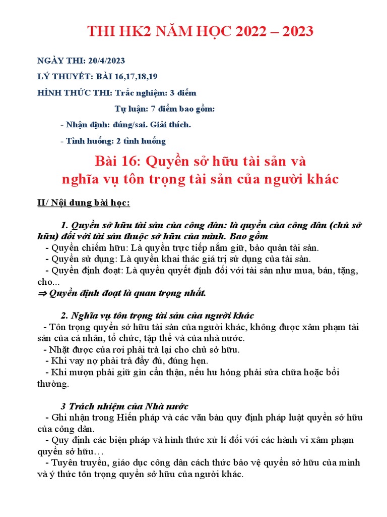 ĐỀ CƯƠNG ÔN TẬP THI HK2 NH 22- 23 | PDF