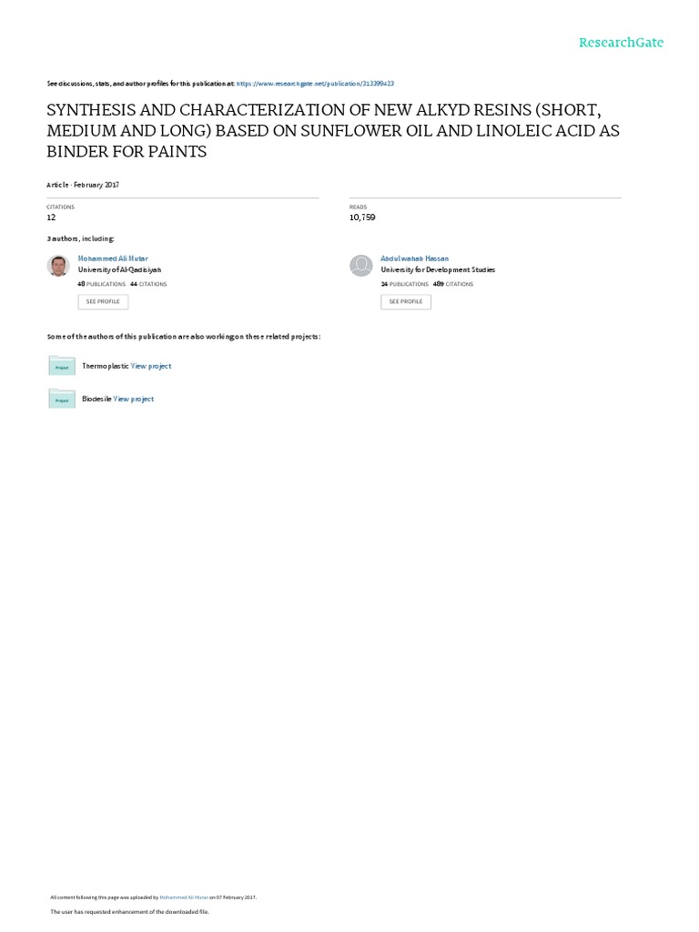 New Alkyd Resins from Sunflower Oil | PDF | Technology & Engineering