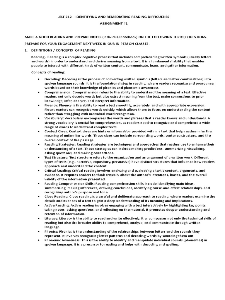 Elt 212. Assign 1 | PDF | Language Arts & Discipline