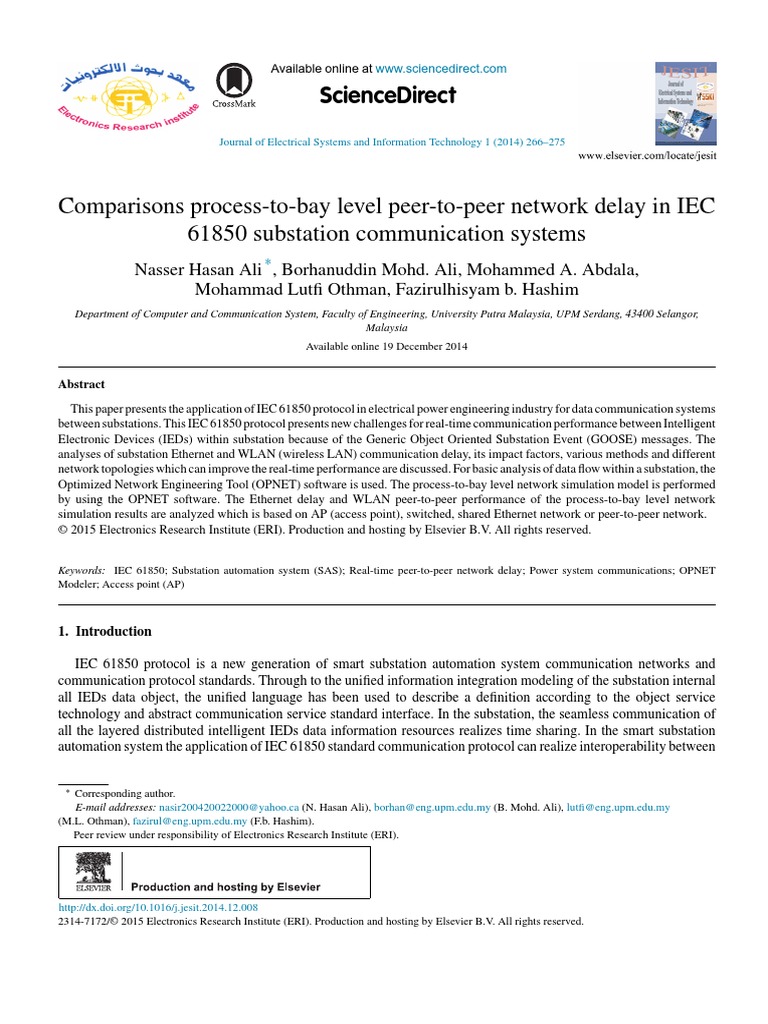 Comparisons Process to Bay Level Peer to Peer Network Delay in Iec 61850 Substation ...