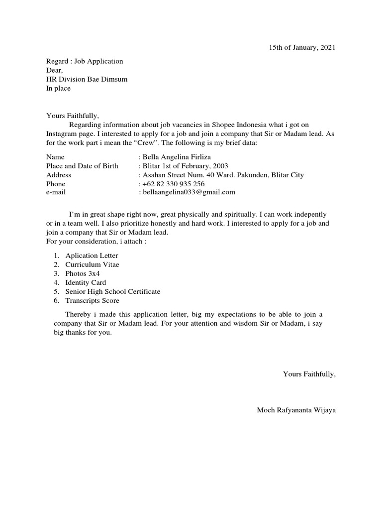 Job Application for Crew Position at Shopee | PDF