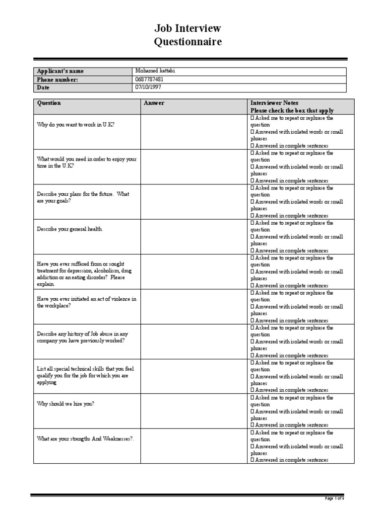 Job Interview Questionnaire | PDF | English Language | Question