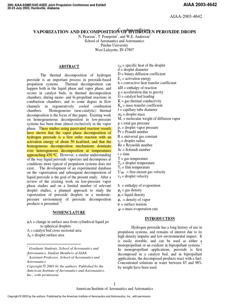 Vaporization and Decomposition of Hydrogren Peroxide Drops | PDF