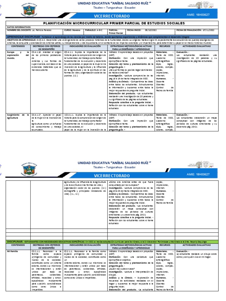 1-Plan Microcurr.9no Eess 1er Parcial 2022-2023 Lic.patricio Paredes | PDF | Aprendizaje ...