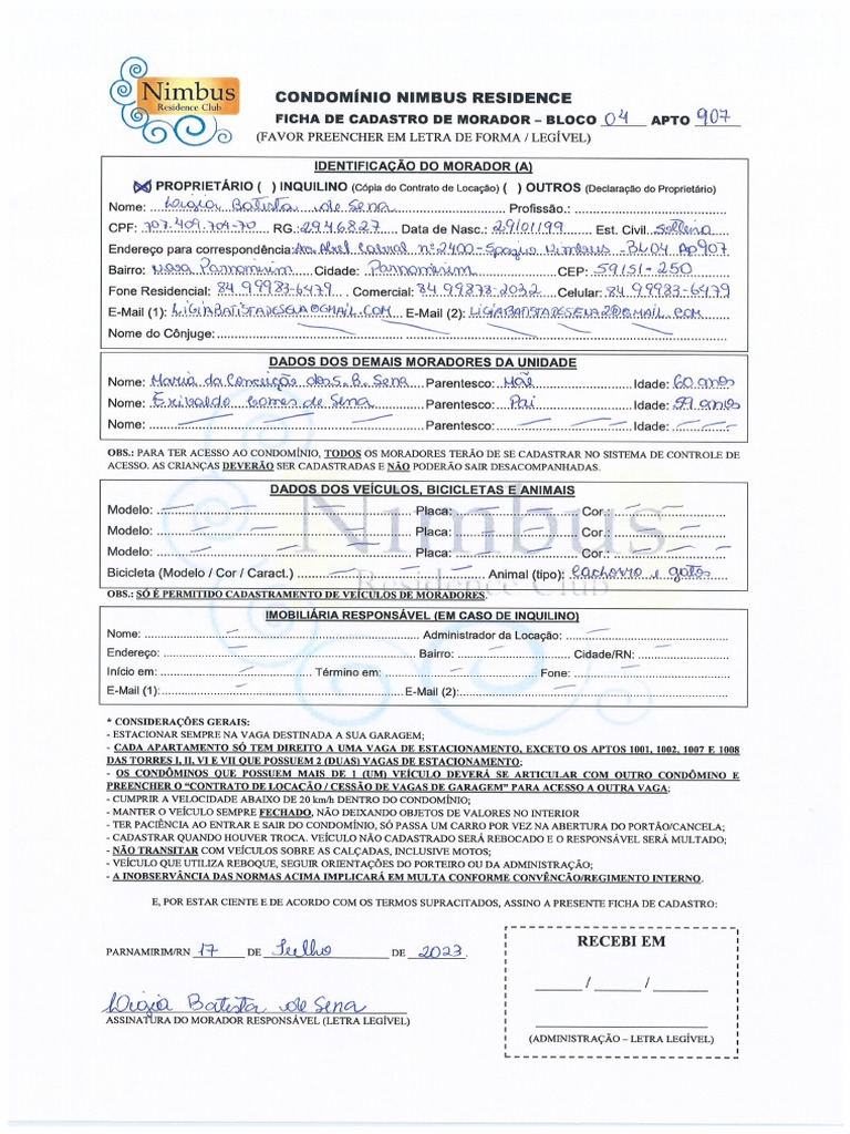 Ficha de Cadastro de Morador - Bloco 04 - Ap 907 - Ligia Batista | PDF