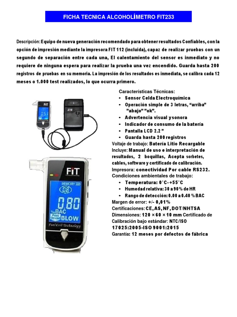 Alcoholímetro FIT233: Precisión y Fiabilidad | PDF