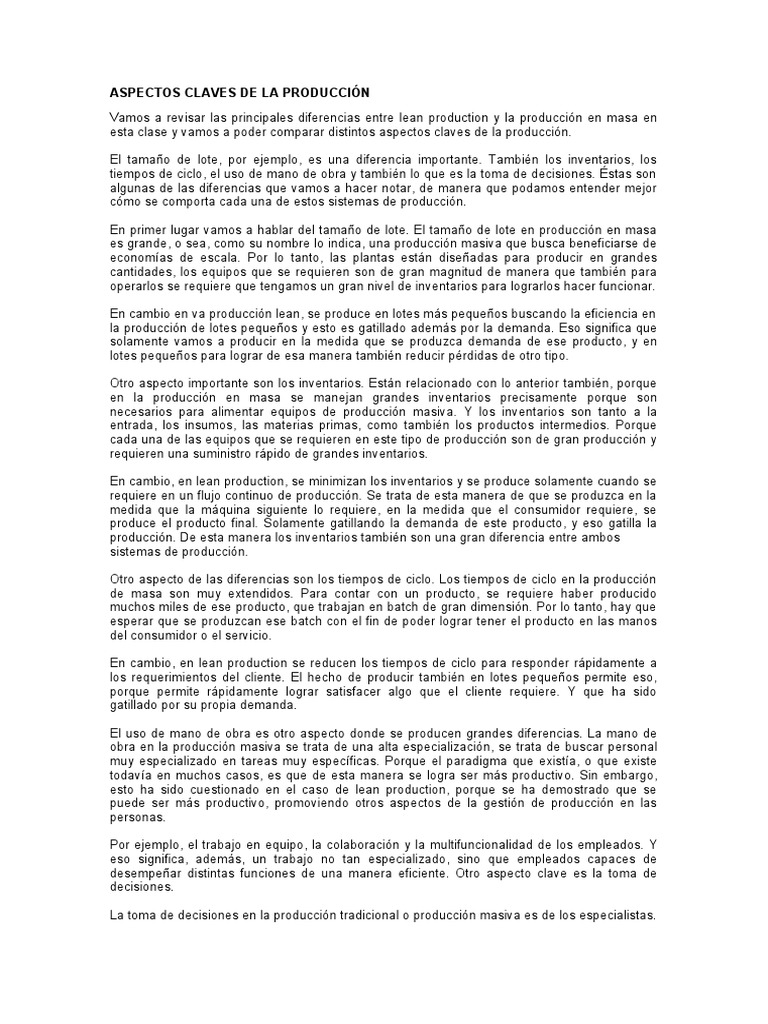 Diferencias entre Lean y Producción en Masa | PDF | Masa | Producción ...